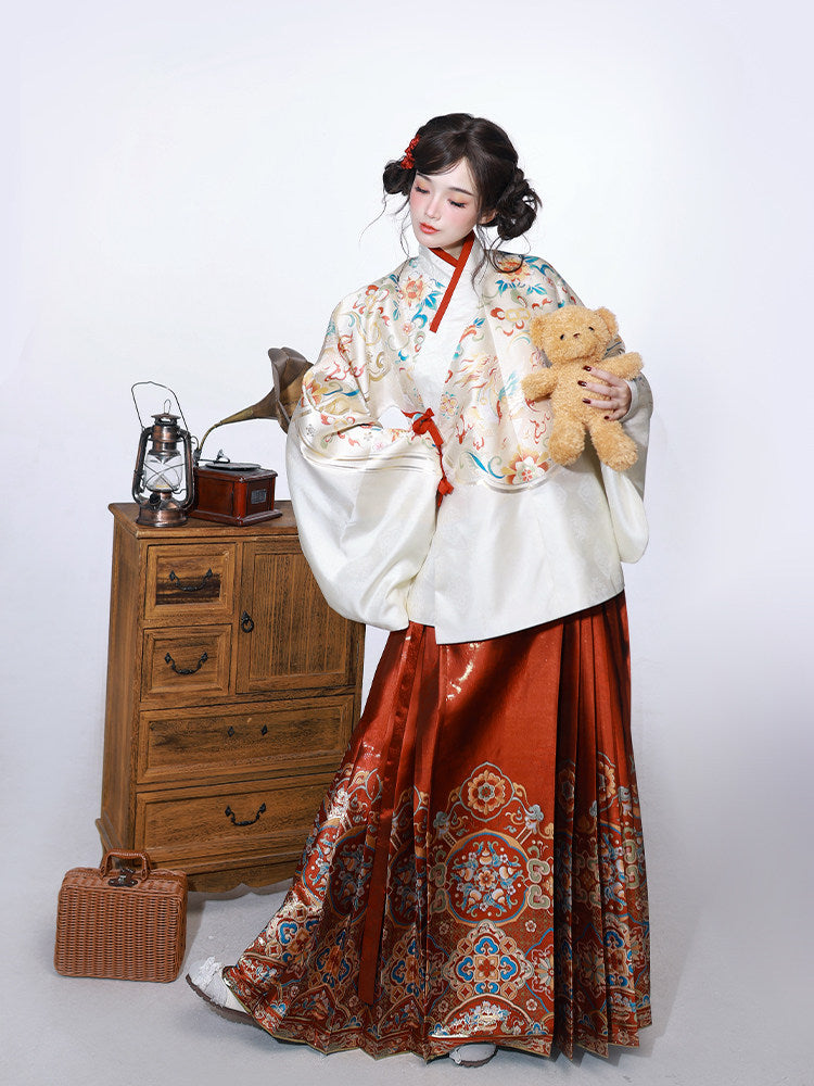 Ming Dynasty White Pipa Sleeve Top and Red Woven Horse Face Skirt - As ...