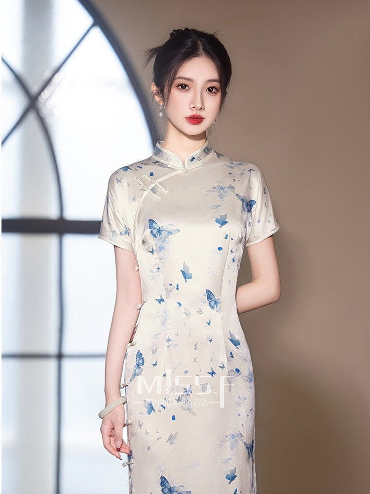 Short Sleeve Butterfly Long Cheongsam | Late Dream – Hanfu Story