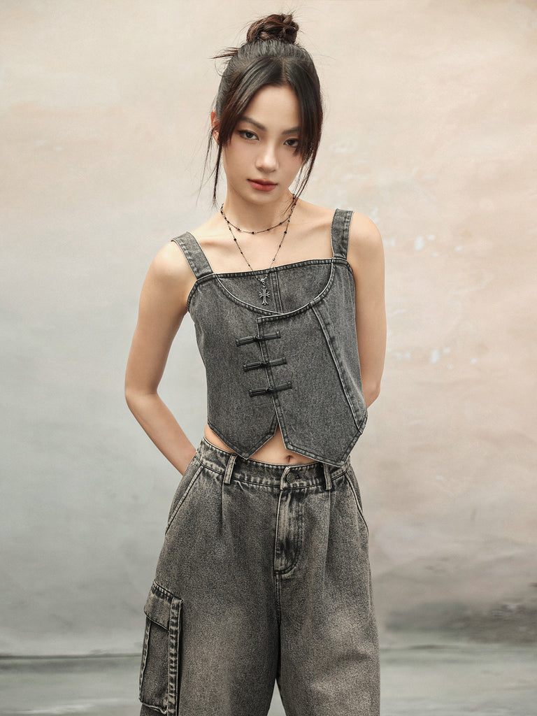 New Chinese Style Retro Asymmetrical Denim Camisole – Hanfu Story