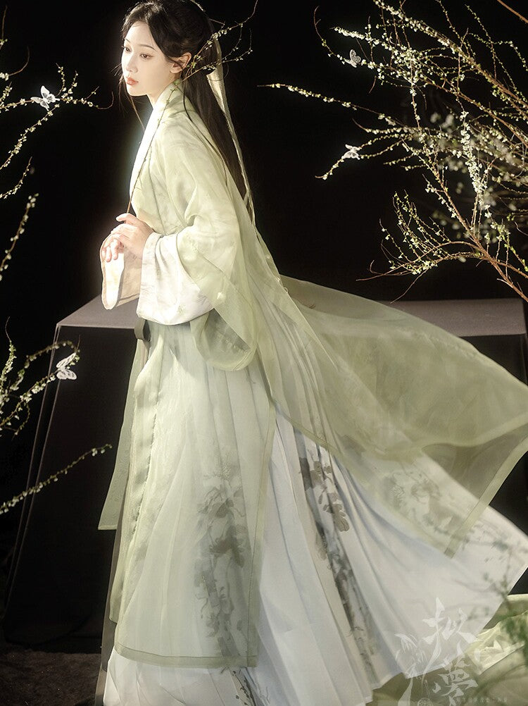 Song Dynasty Modern Hanfu Changgan Temple Beizi with Pleated Green Ski ...