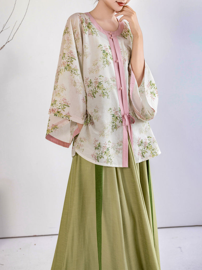 Ming Dynasty Modern Hanfu Round Collar Top and Elastic Skirt - Spring ...