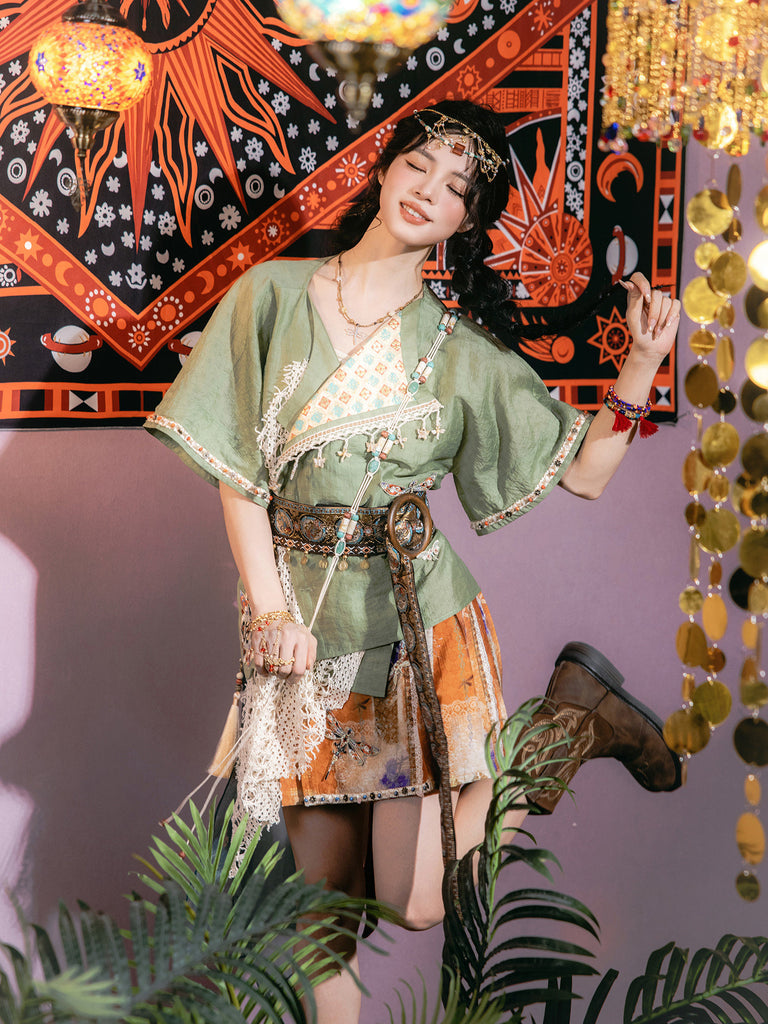 New Chinese Style Dunhuang Summer Blouse and Short Skirt Set - Linglu ...