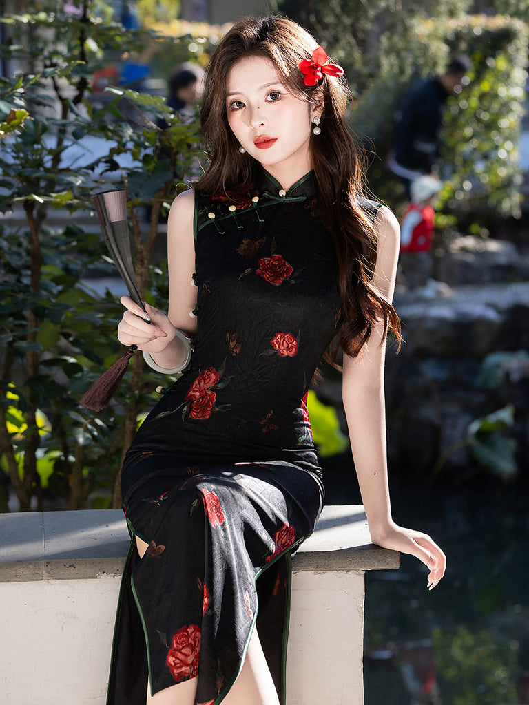 Sleeveless Floral Long Cheongsam | Burgundy Rose – Hanfu Story