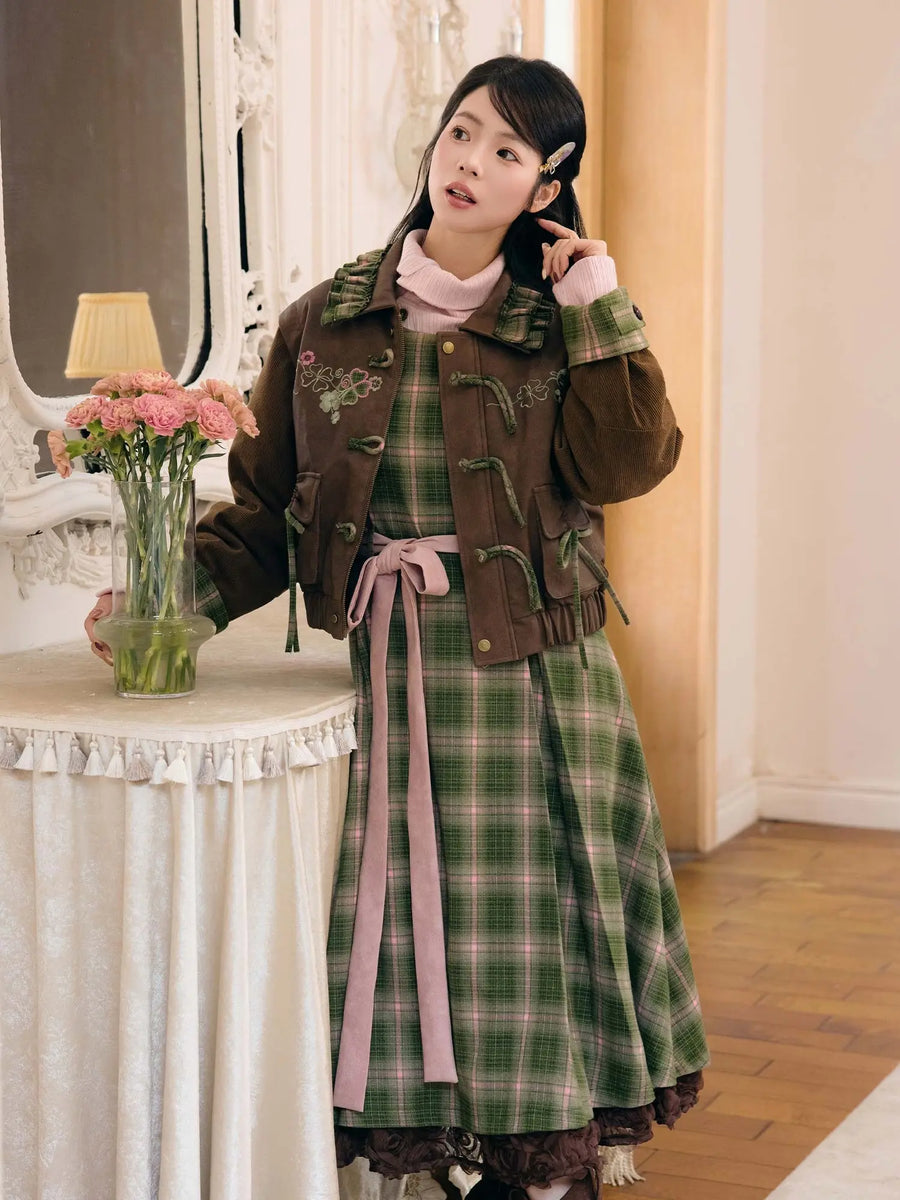 New Chinese Style Plaid Vintage Jacket with Dress - Honey Four Leaf Cl ...
