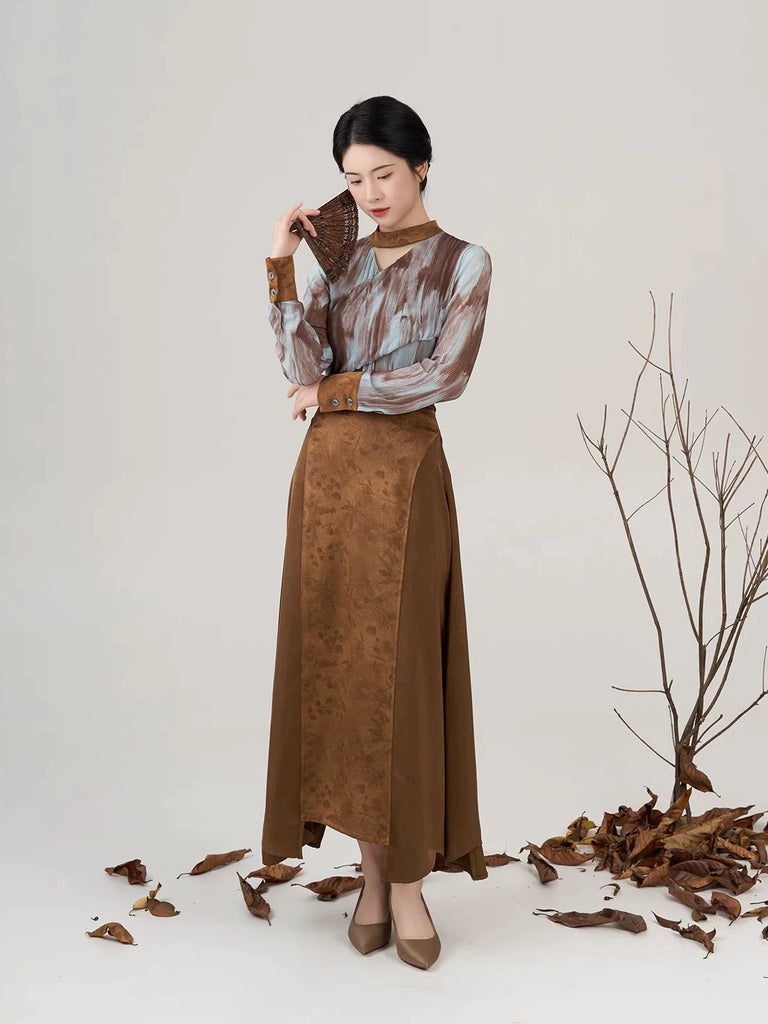 New Chinese Style Women Long Sleeve Top & Asymmetrical Hanfu Inspired ...