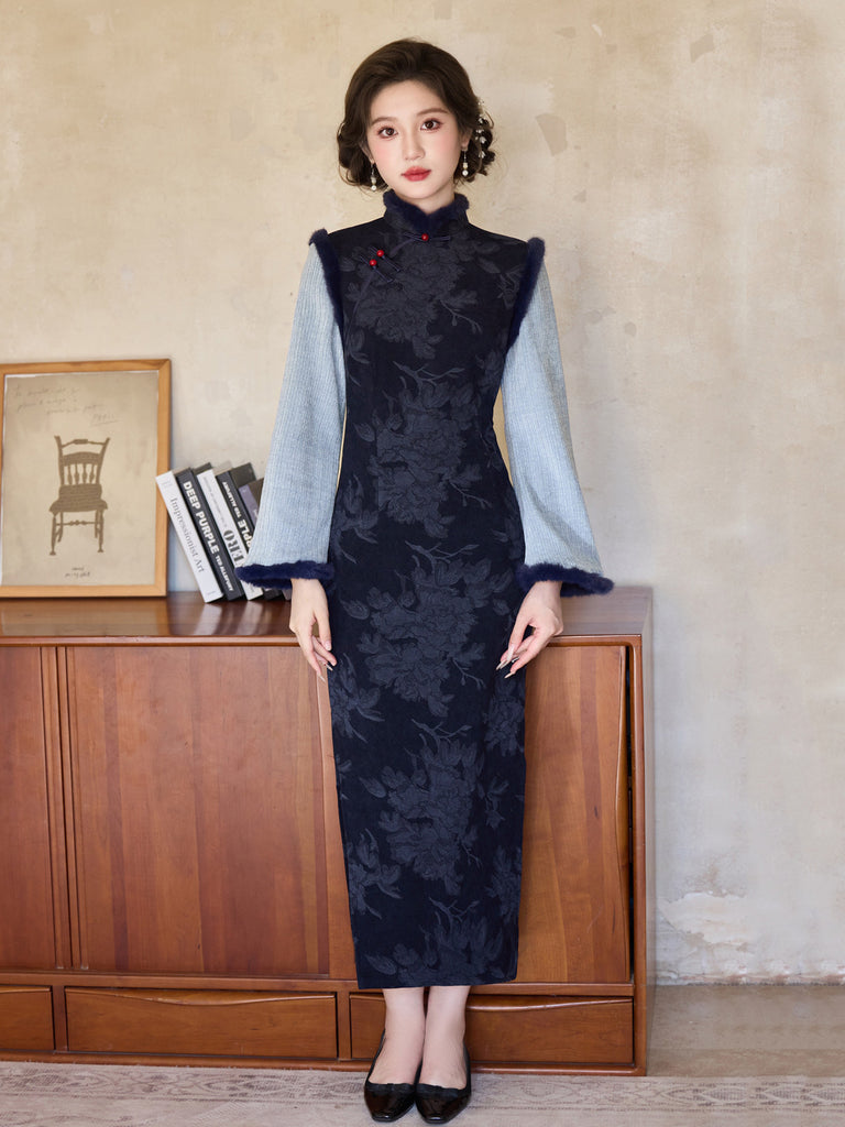 Long Sleeve Fur Trim Floral Qipao | Slow Days – Hanfu Story
