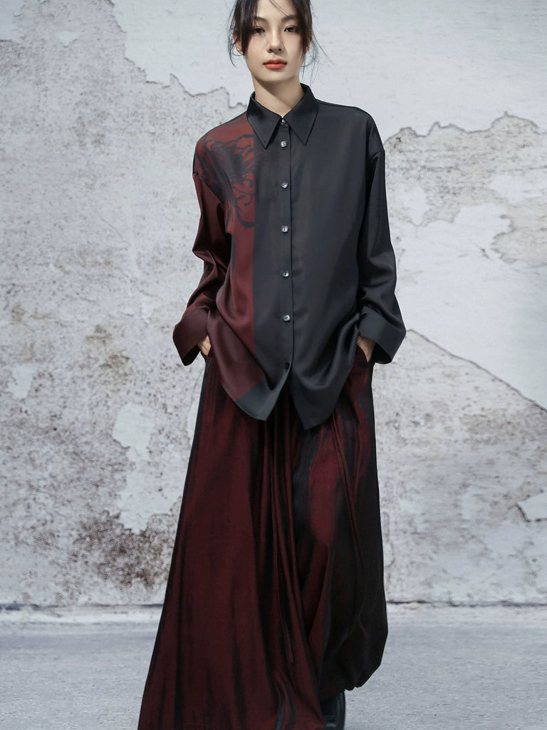 New Chinese Style Dark Satin Black and Red Chrysanthemum Printed Long ...