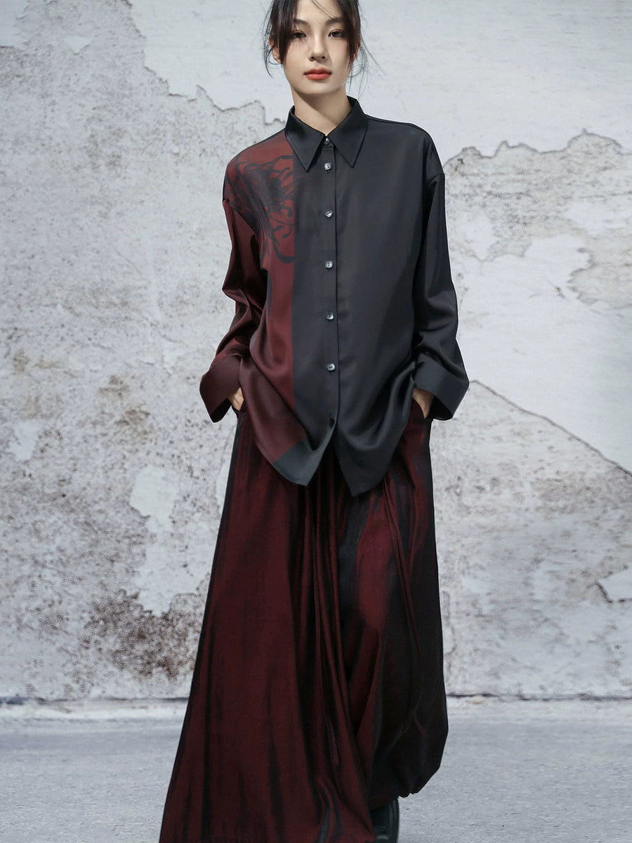 New Chinese Style Dark Satin Black and Red Chrysanthemum Printed Long ...