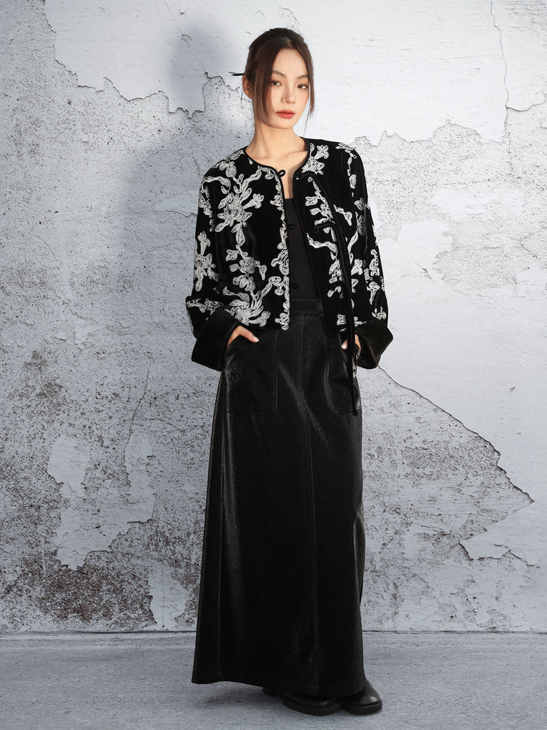 New Chinese Style Contrast Embroidered Velvet Short Jacket – Hanfu Story