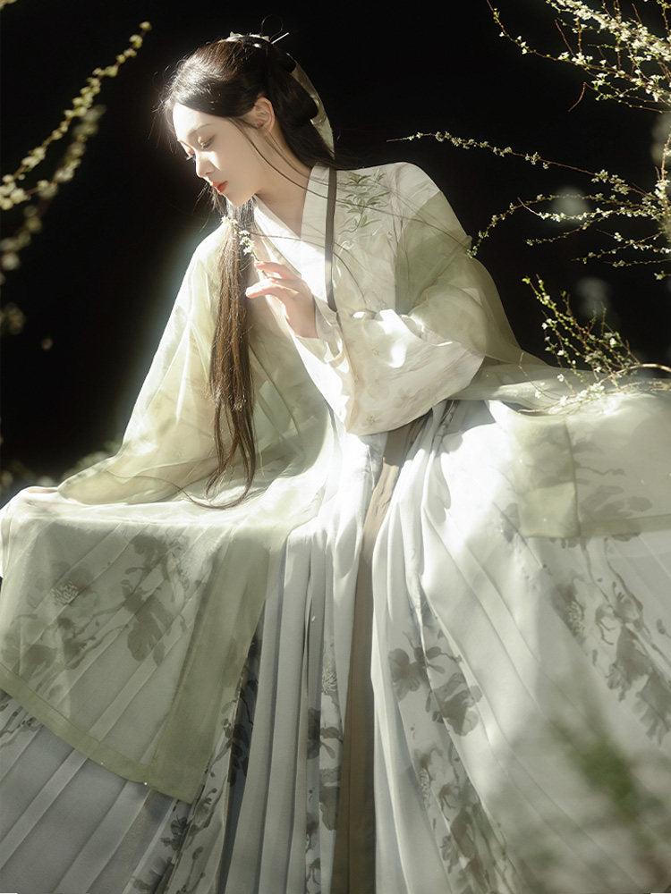 Song Dynasty Modern Hanfu Changgan Temple Beizi with Pleated Green Ski ...