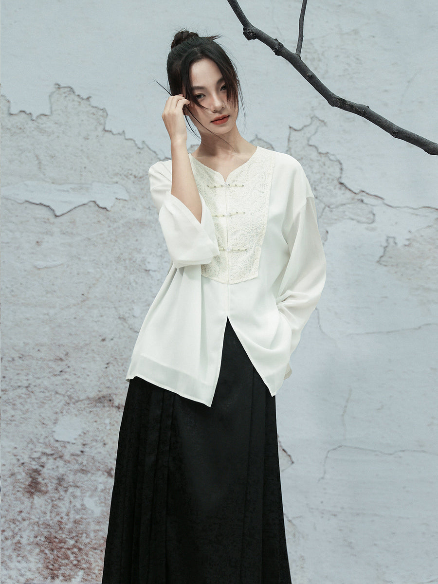 New Chinese Style V Neck Chiffon Lace Embroidered Long Sleeve Top - Sy ...