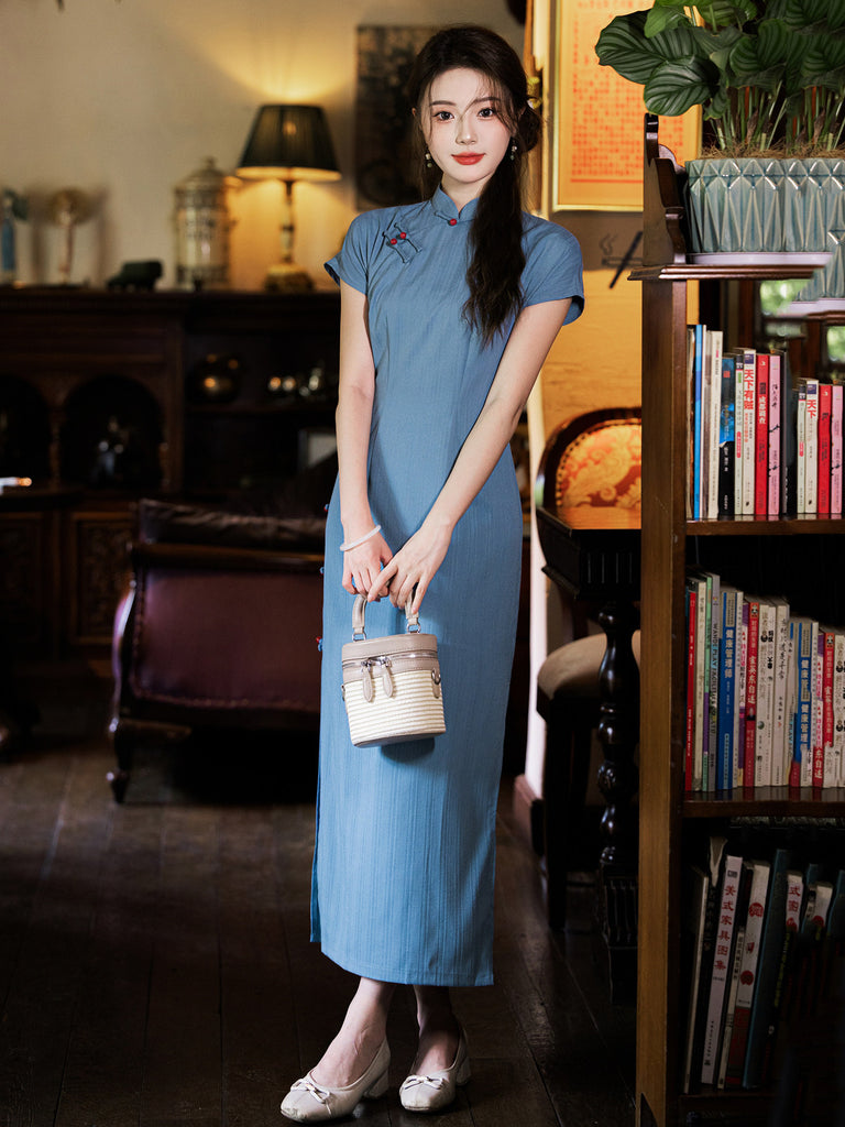 Short Sleeve Long Cheongsam | Peacock Blue – Hanfu Story