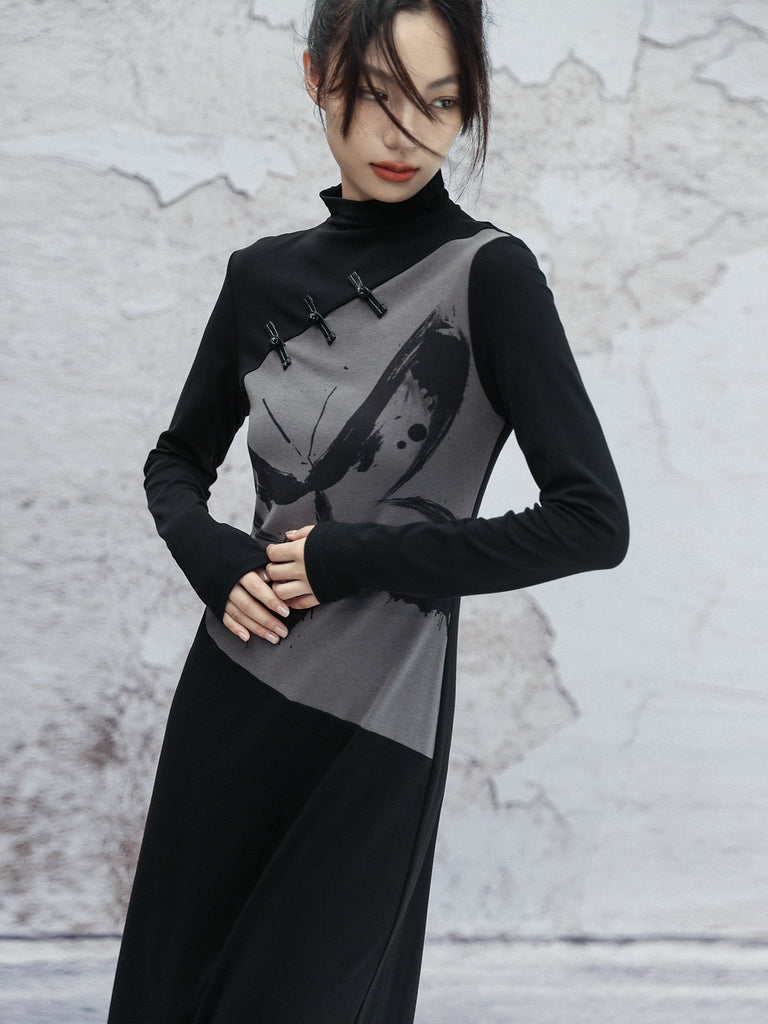 New Chinese Style Retro Ink Butterfly Print Long Sleeve Dress – Hanfu Story