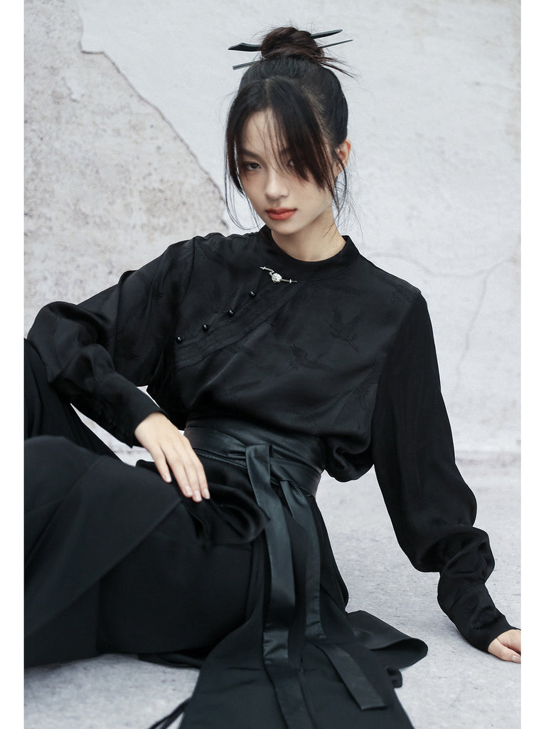New Chinese Style Satin Crane Dark Pattern Long Sleeve Top - Ciyunjian ...