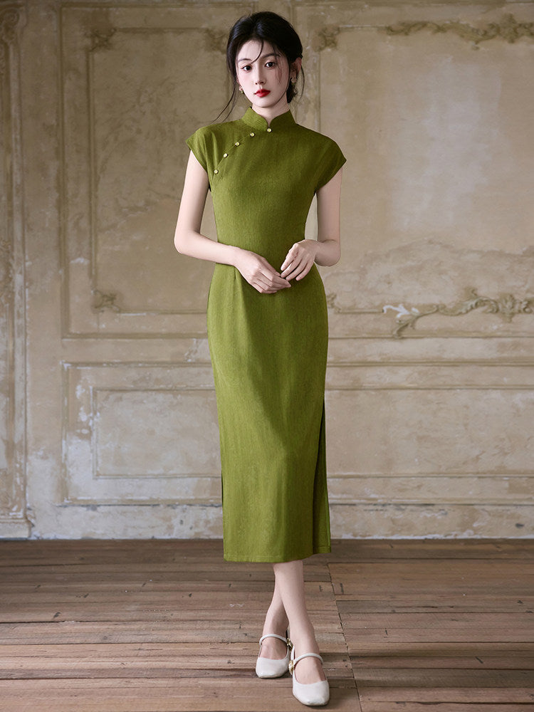 Short Sleeve Midi Cheongsam | Peridot – Hanfu Story
