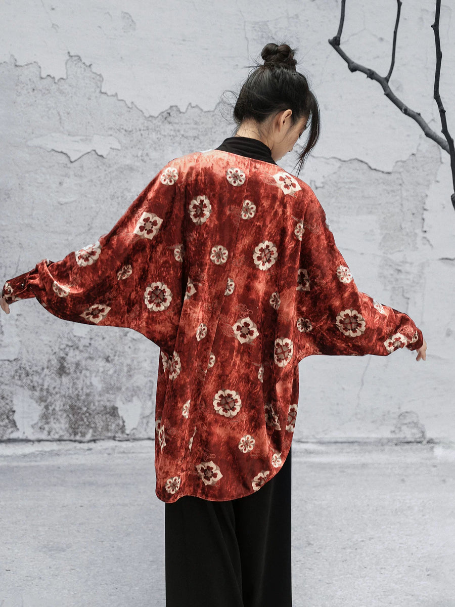 New Chinese Style Autumn Orange Red Print Loose Bat Sleeve Velvet Jack ...