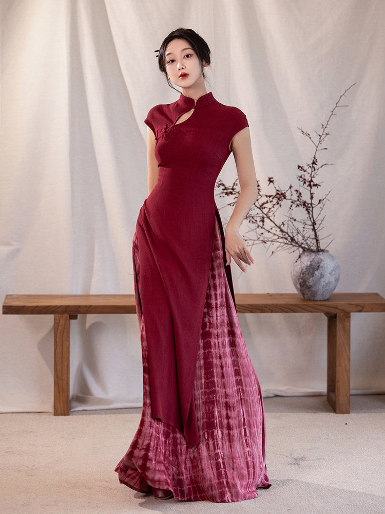 Qipao Style Slit Ao Dai Tie-Dye Dress - Crimson 绯色 (Preorder) – Hanfu Story